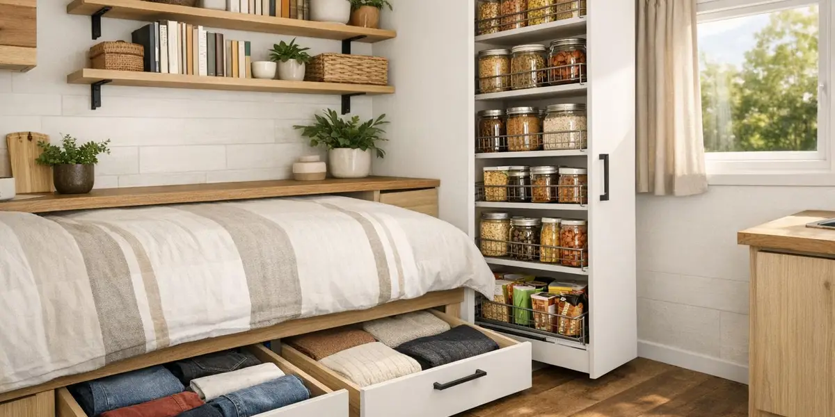 Modular storage strategies—wall shelves, lift beds, pull-out pantries ...